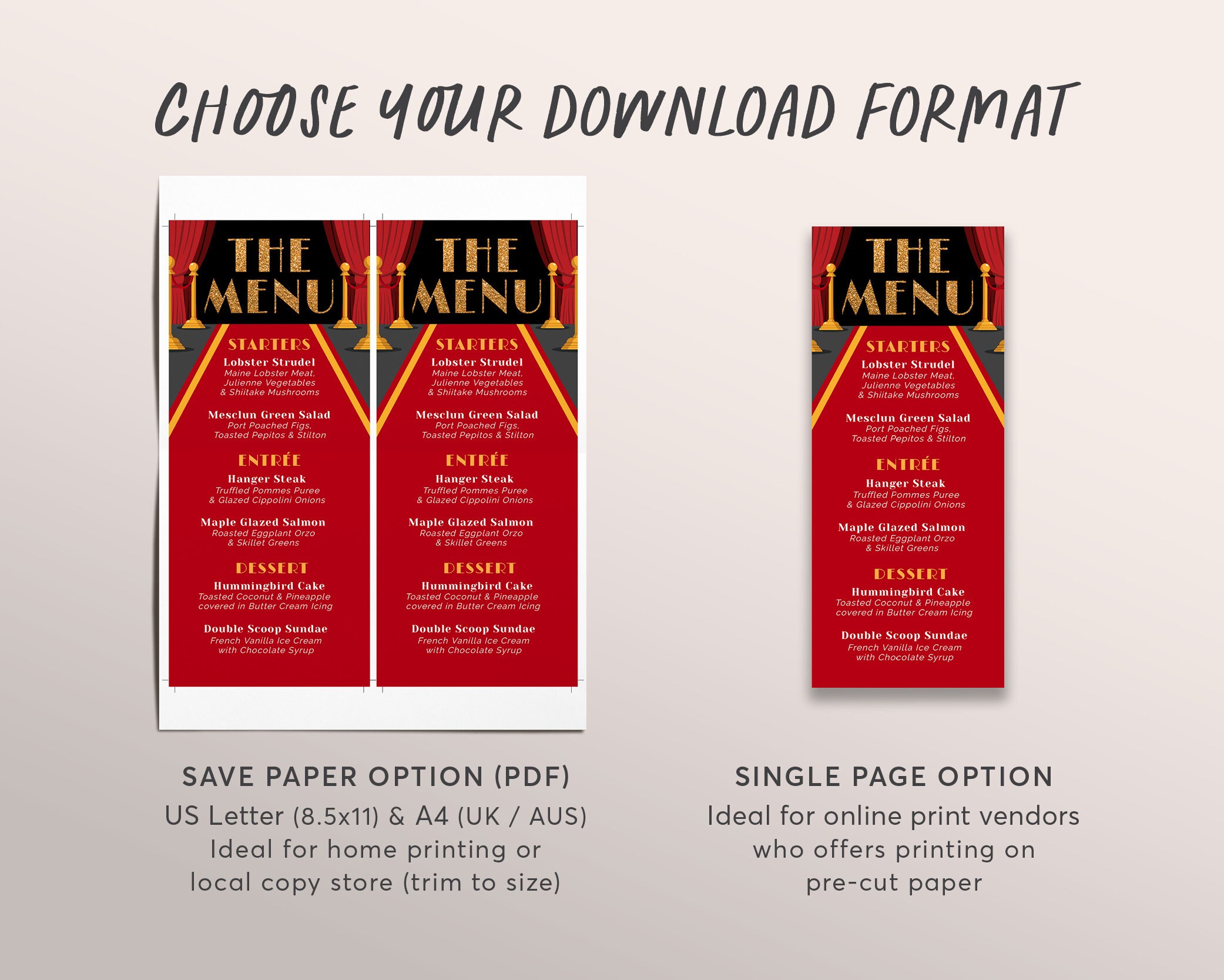 Red Carpet Dinner Menu Editable Template, Hollywood VIP Pass Sweet ...