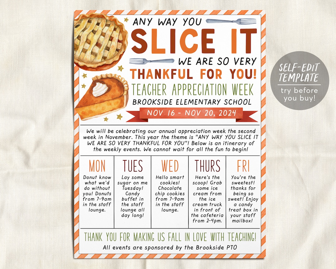 Fall Theme Teacher Staff Appreciation Week Itinerary Schedule Flyer ...
