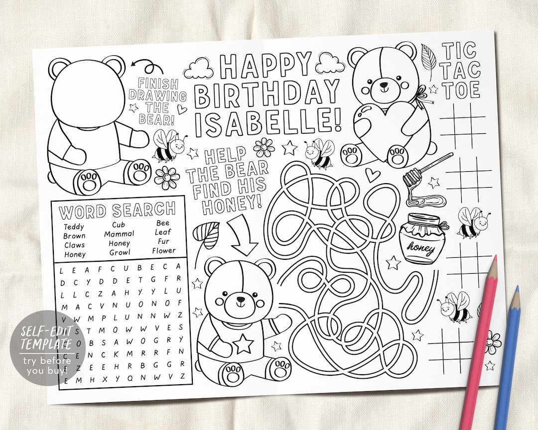 Teddy Bear Coloring Placemat for Kids Editable Template, Birthday Party ...