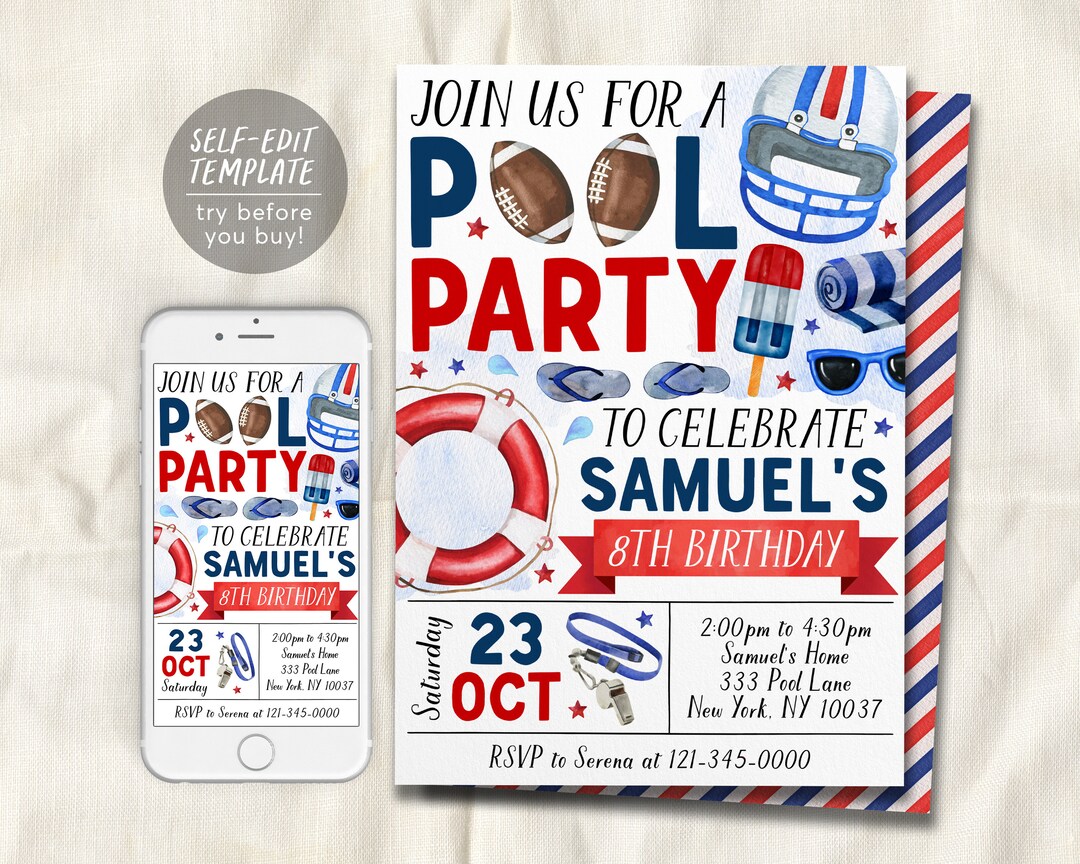 Football Pool Party Birthday Invitation Editable Template, Summer ...