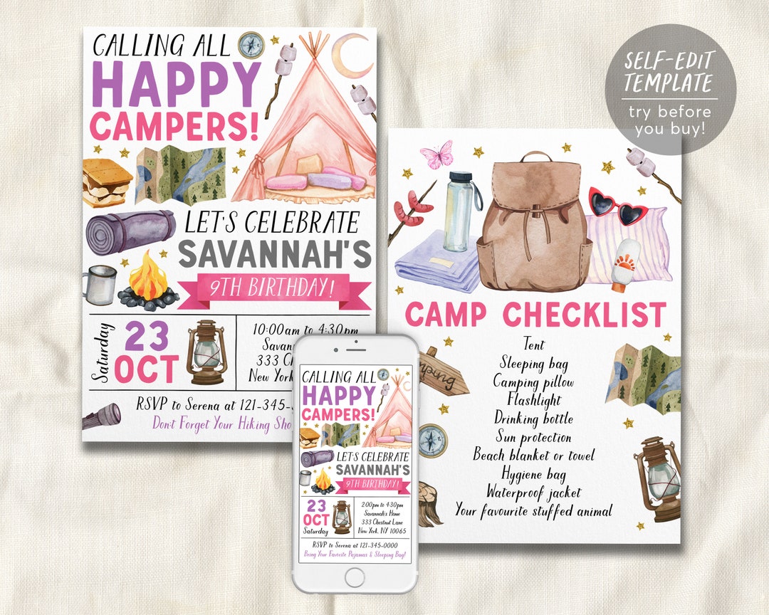 Girl Camping Birthday Invitation Editable Template, Outdoor Camp Out ...