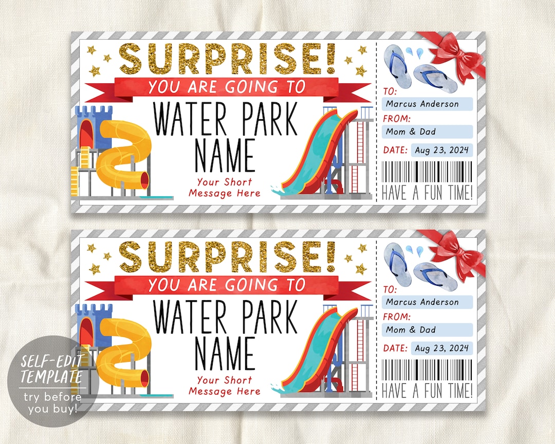 Surprise Water Park Ticket Editable Template, Waterpark Visit Gift ...
