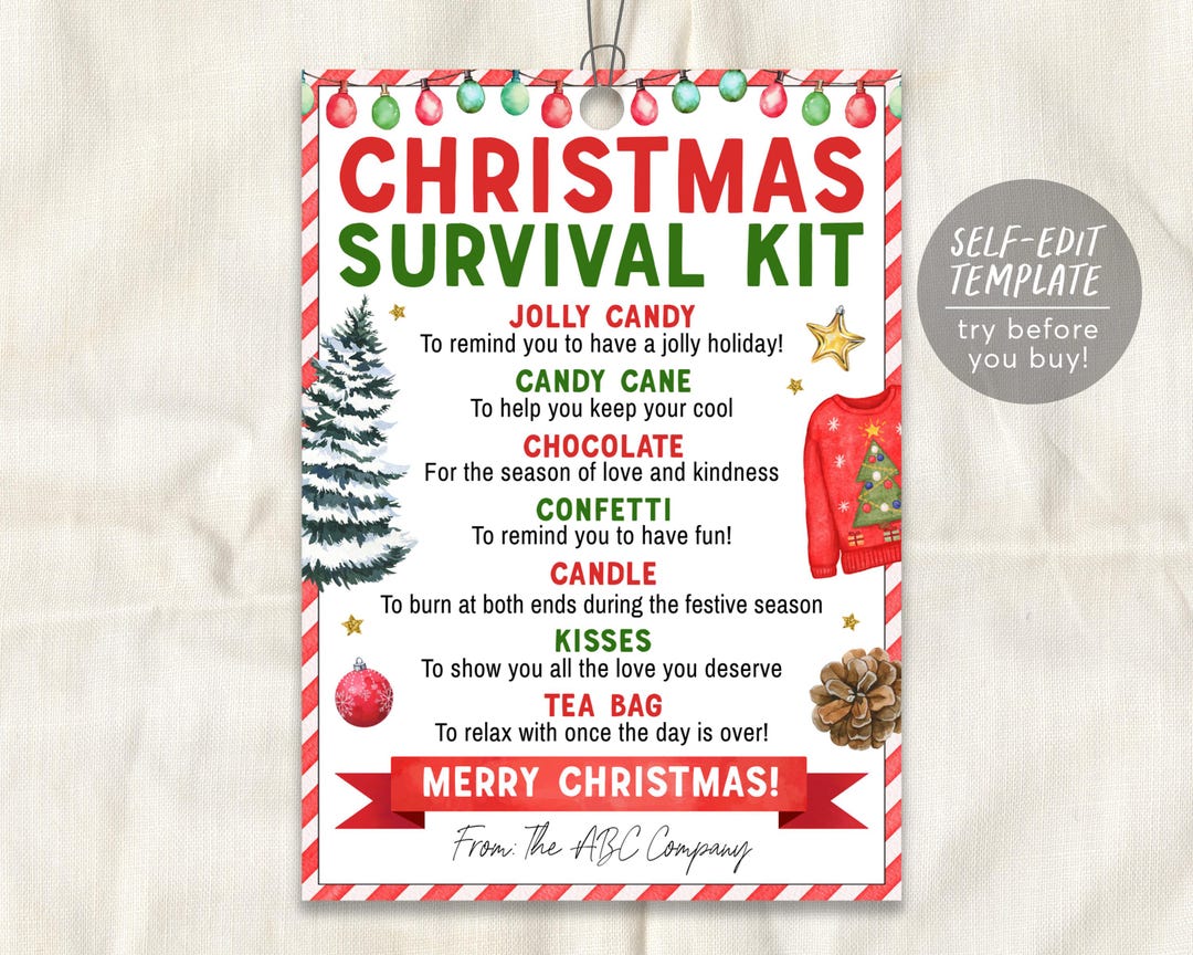Christmas Survival Kit Tag Editable Template, Holiday Stocking Stuffer ...