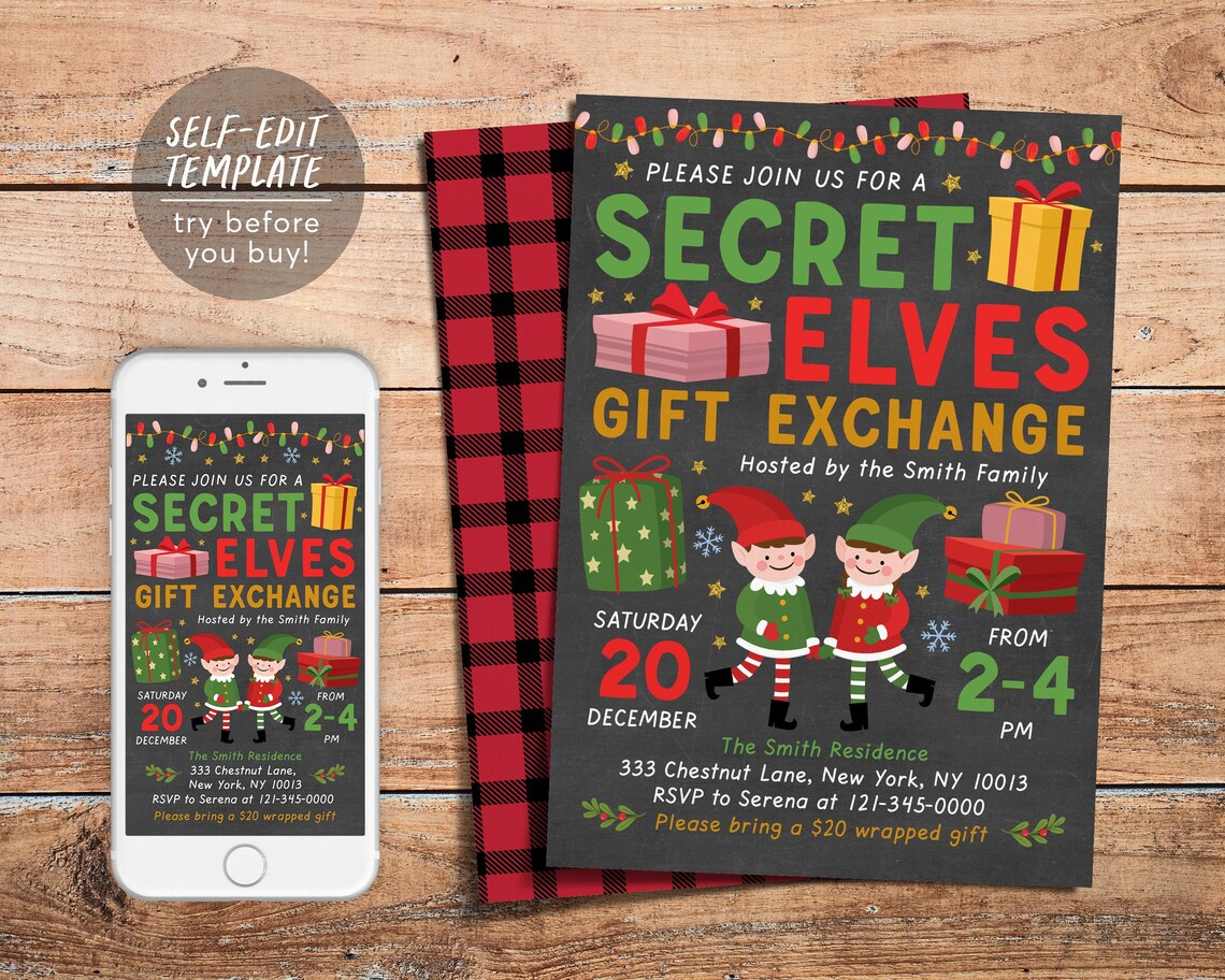 Secret Elves Gift Exchange Invitation Editable Template - Etsy