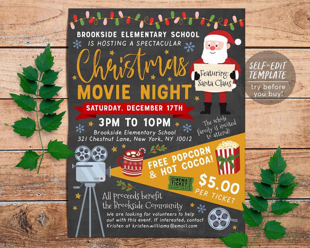 Christmas Movie Night Flyer Editable Template, Holiday Cinema Party ...