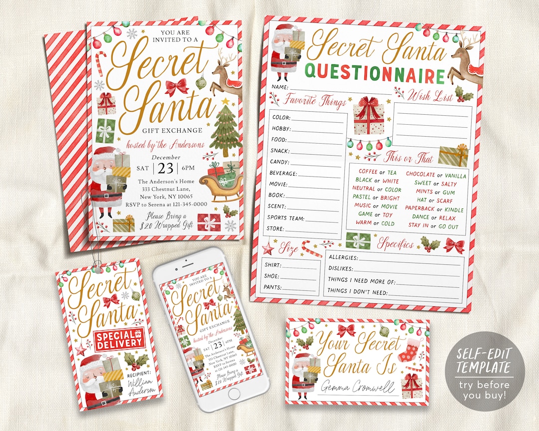 Secret Santa BUNDLE Kit Printable Editable Template, Secret Santa ...