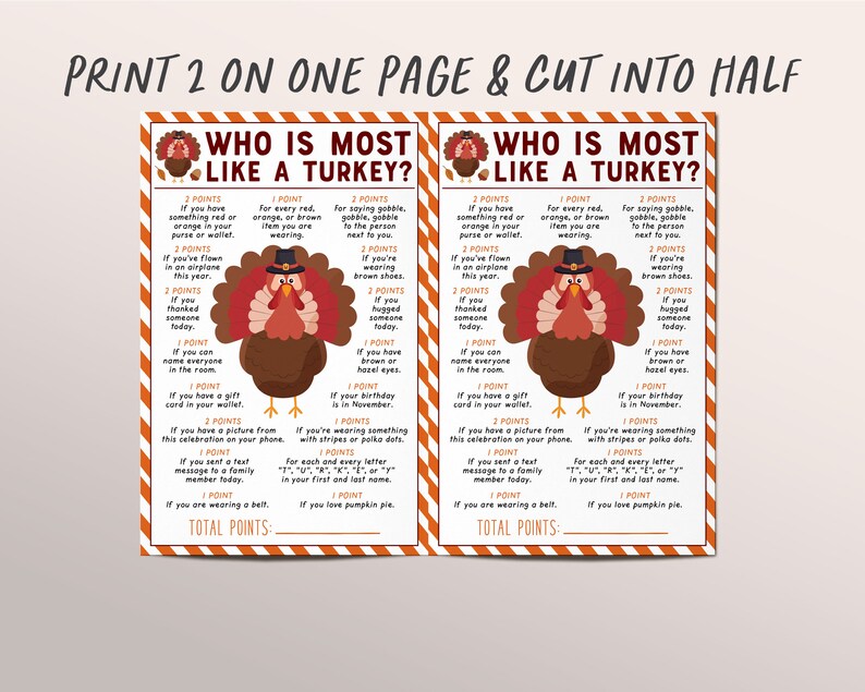 Thanksgiving Game Who is Most Like the Turkey Printable, Fall ...