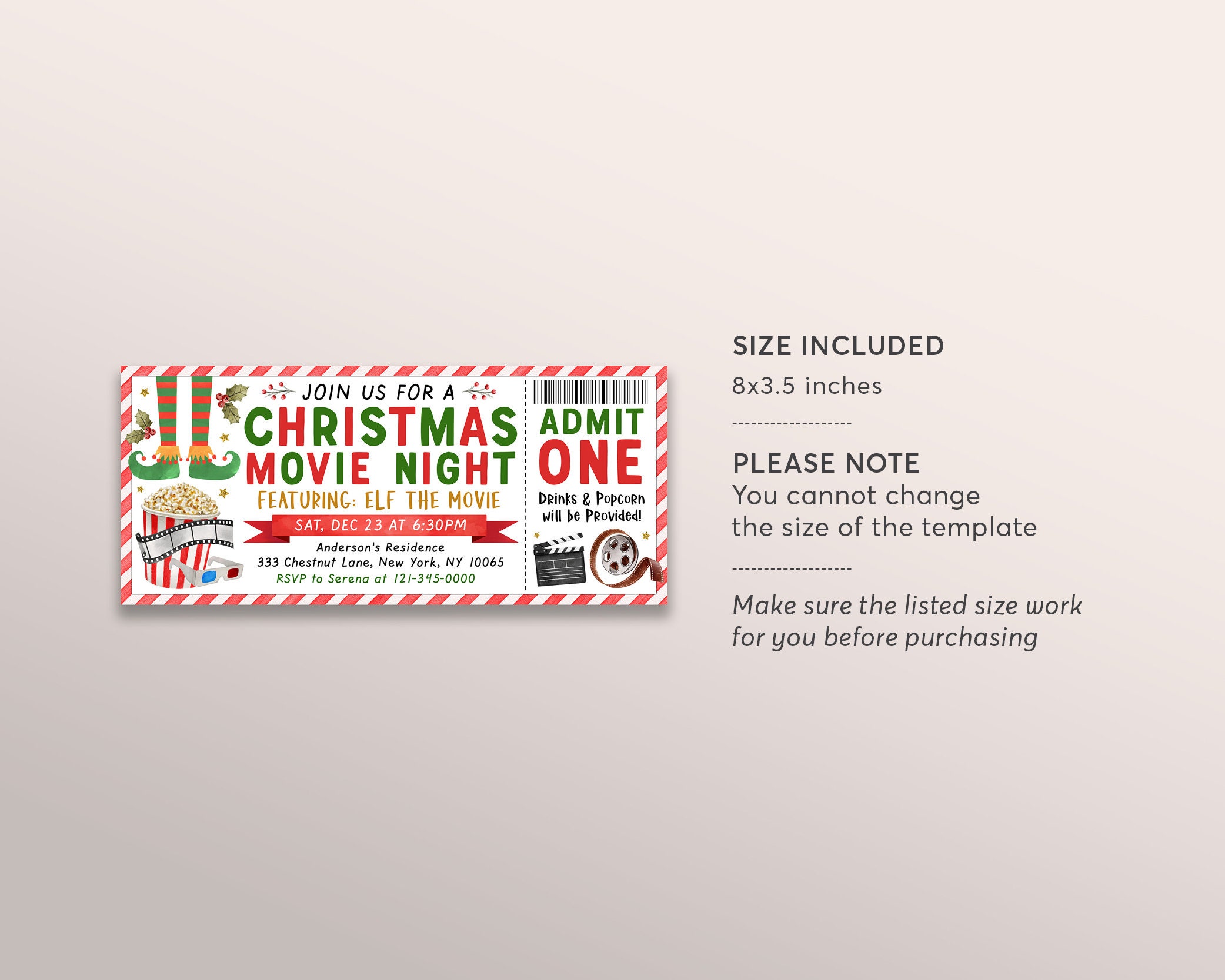 Elf Christmas Movie Ticket Invitation Editable Template, Xmas Holiday ...