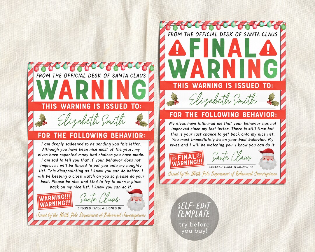Santa Final Warning Letter Editable Template, Official Desk of Santa ...