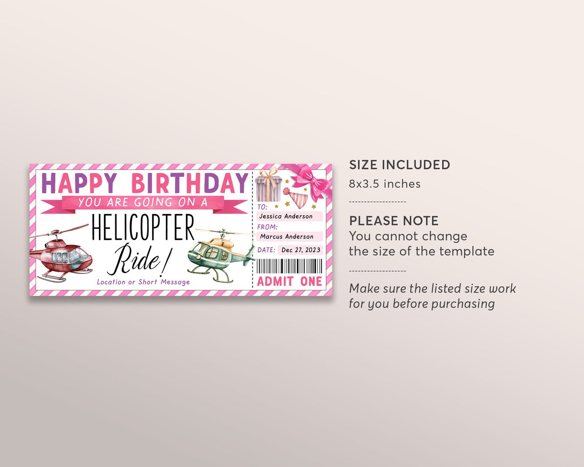 Helicopter Ride Ticket Gift Certificate Editable Template, Surprise ...