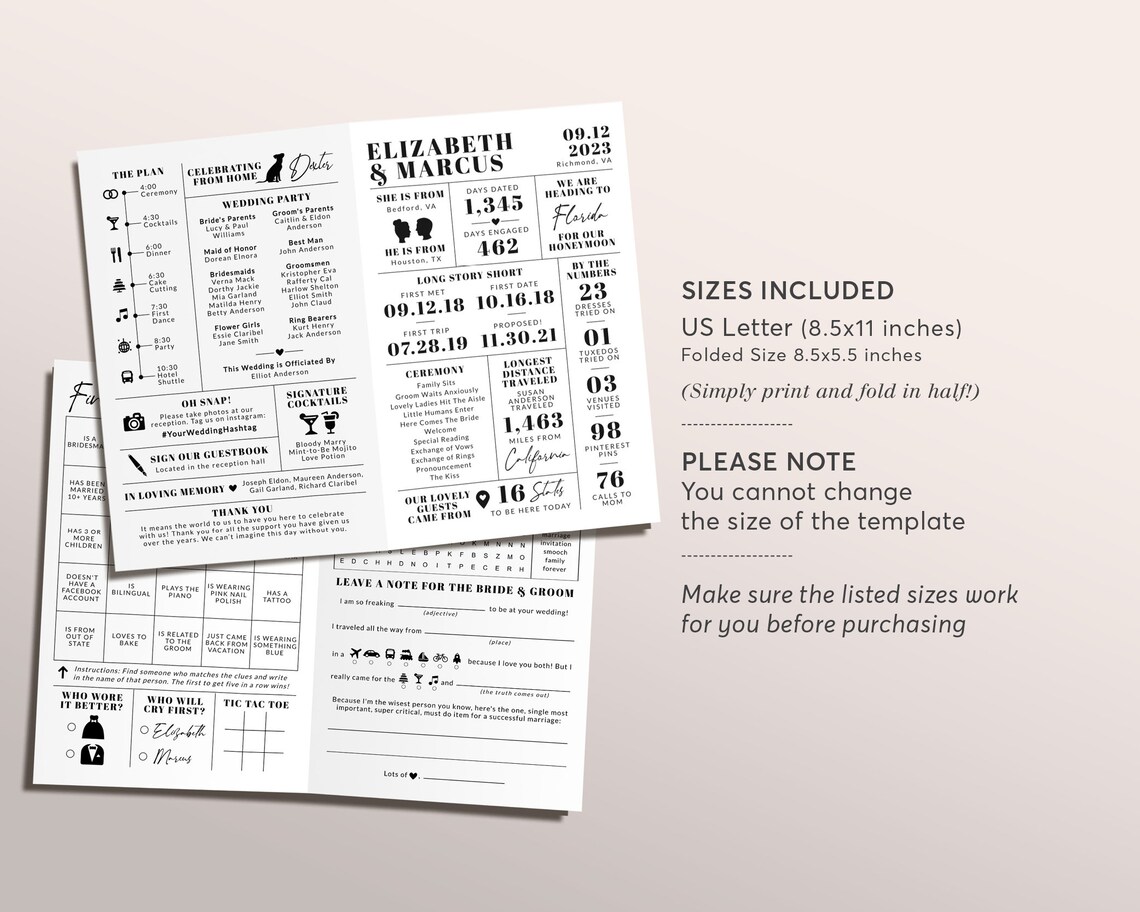 Modern Wedding Bifold Program Editable Template Black and - Etsy