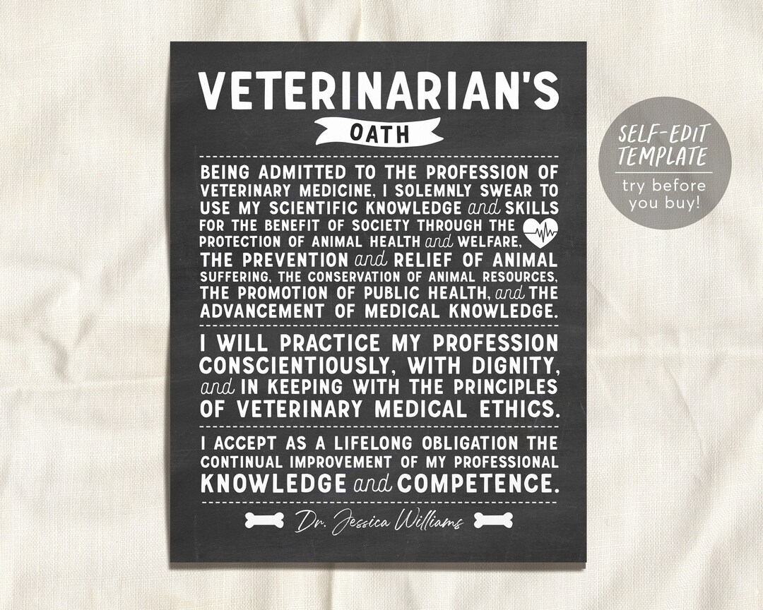 Editable Veterinarian's Oath Chalkboard Gift Print Template, Animal ...