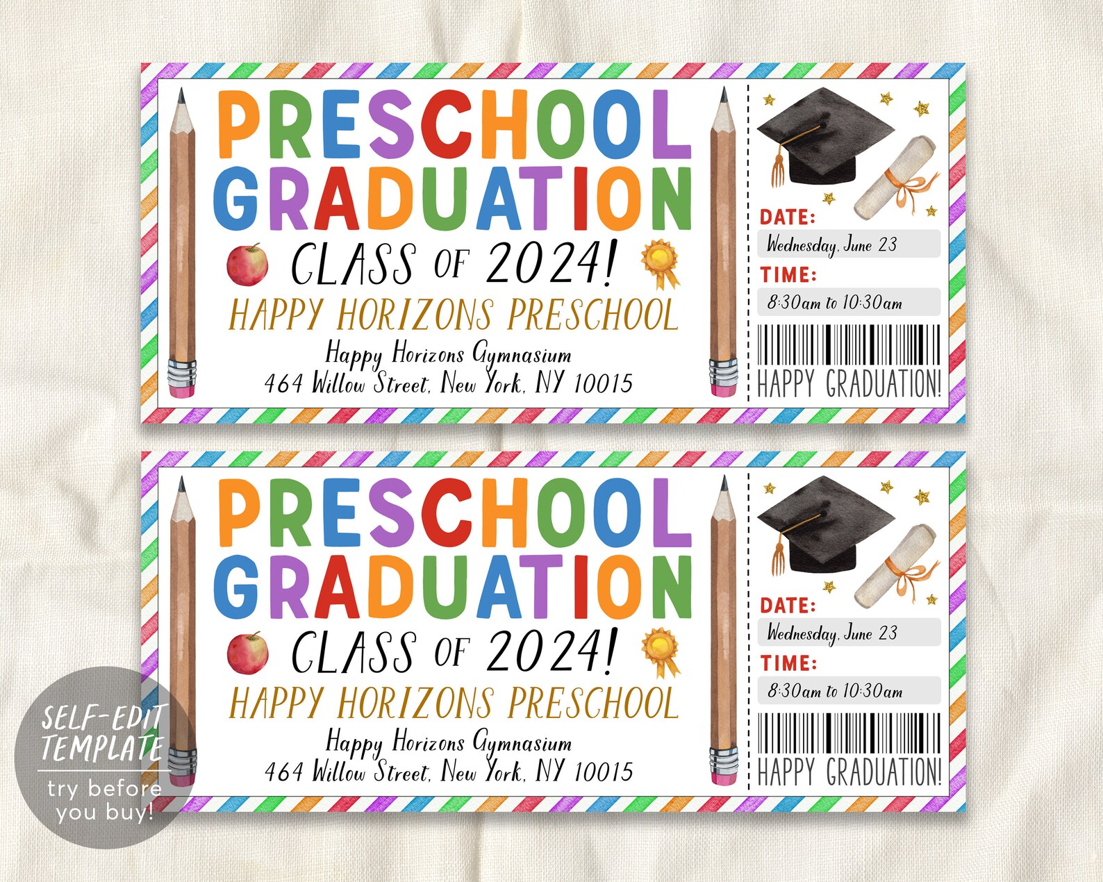 Preschool Graduation Ceremony Ticket Editable Template, Class Grad ...