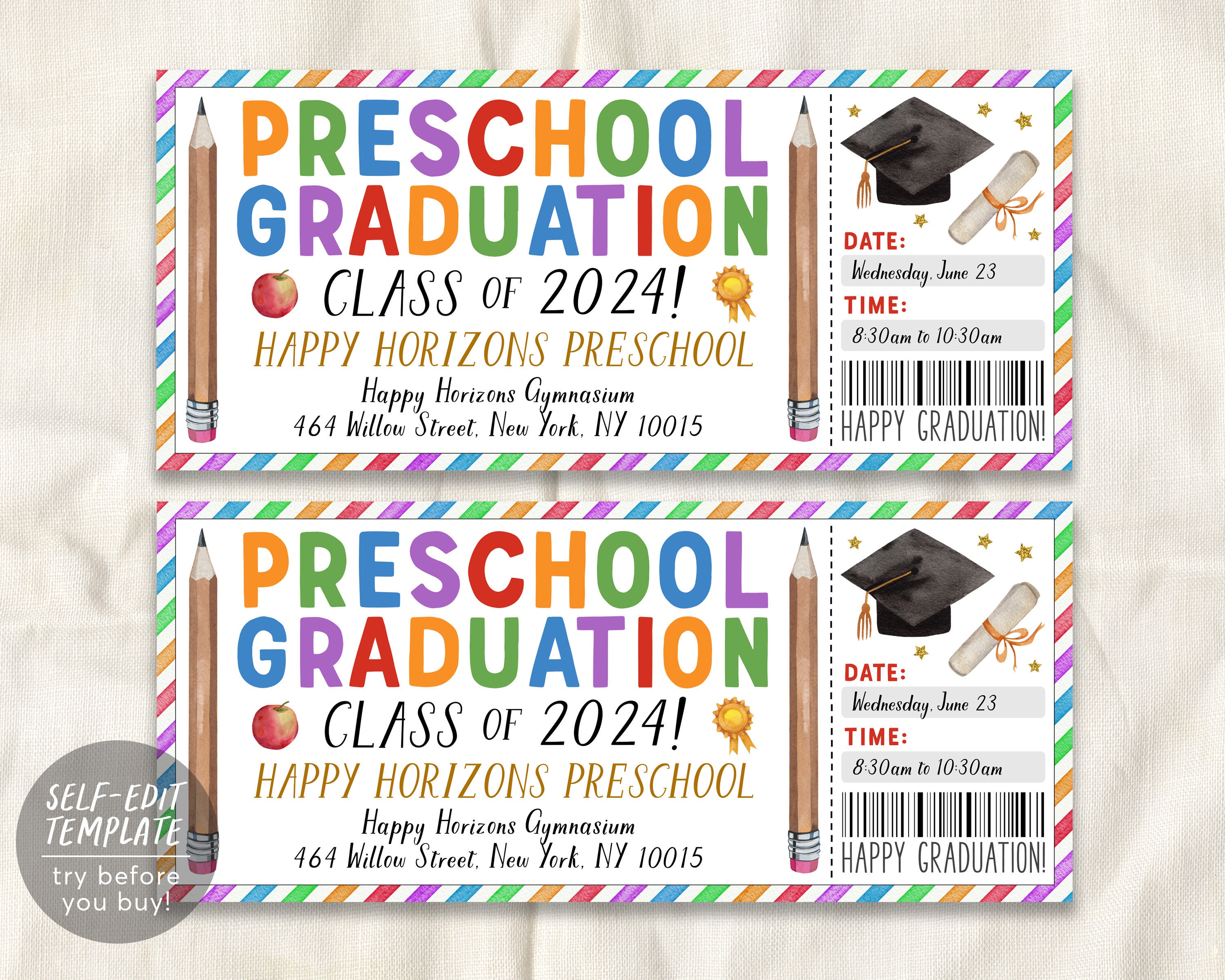 Preschool Graduation Ceremony Ticket Editable Template, Class Grad ...
