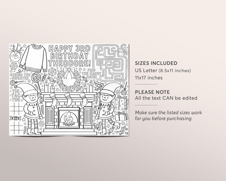 Elf Birthday Coloring Page Placemat for Kids Editable Template ...