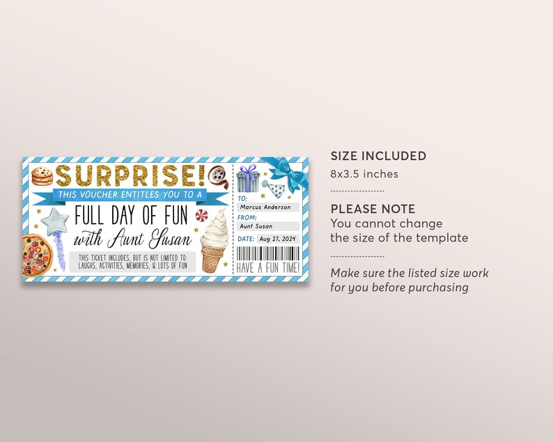 Fun Day Ticket Editable Template, Surprise Day of Fun With Aunt Gift ...