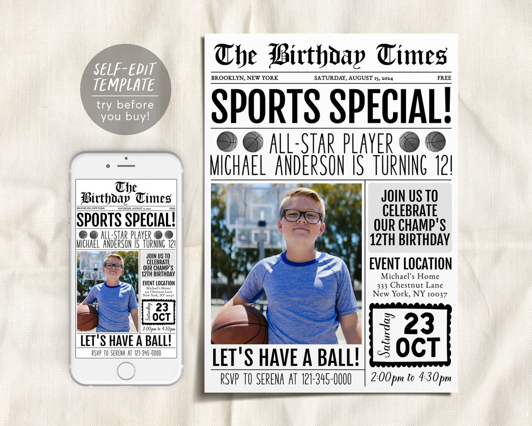 Basketball Birthday Invitation With Photo Editable Template, Newspaper ...