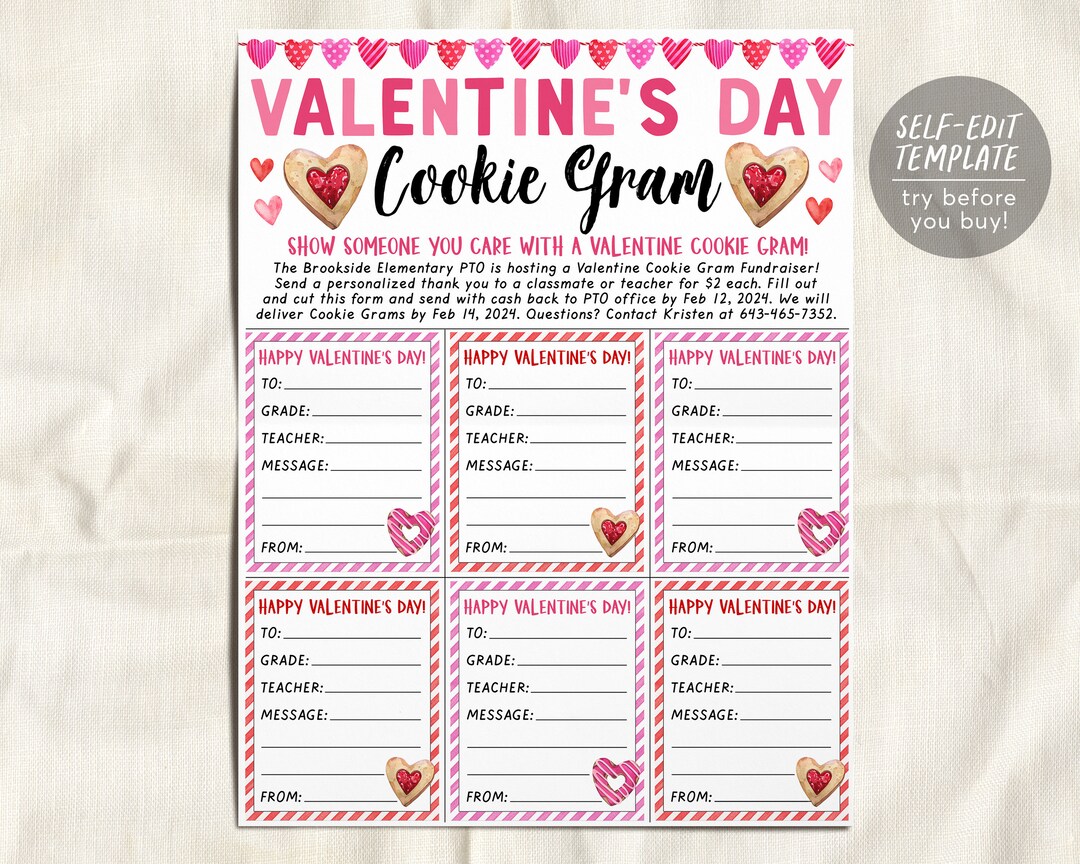 Valentine's Day Cookie Gram Flyer Editable Template, Valentine Heart ...