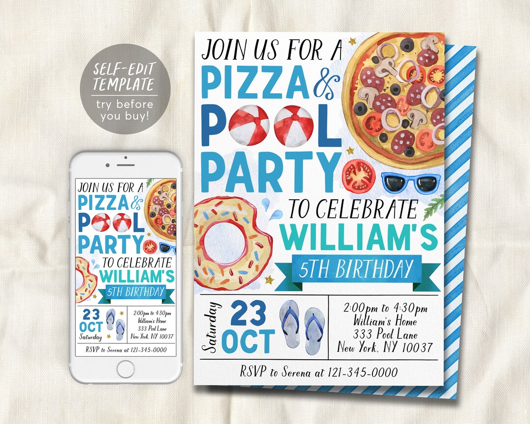 Pizza Pool Party Birthday Invitation Editable Template, Summer Swimming ...