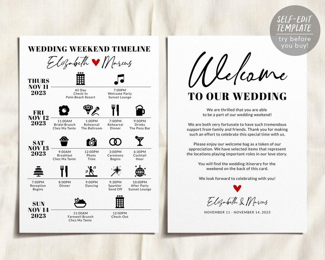 Editable Wedding Weekend Timeline Template, DIY Destination Wedding ...