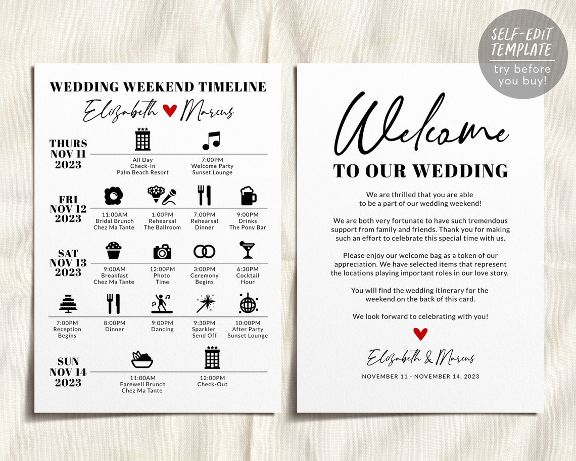 Editable Wedding Weekend Timeline Template DIY Destination | Etsy