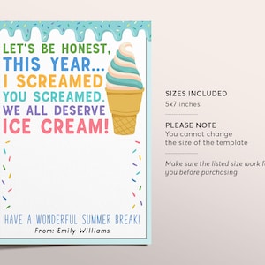 Ice Cream Gift Card Holder Editable Template, Funny Summer Last Day of ...