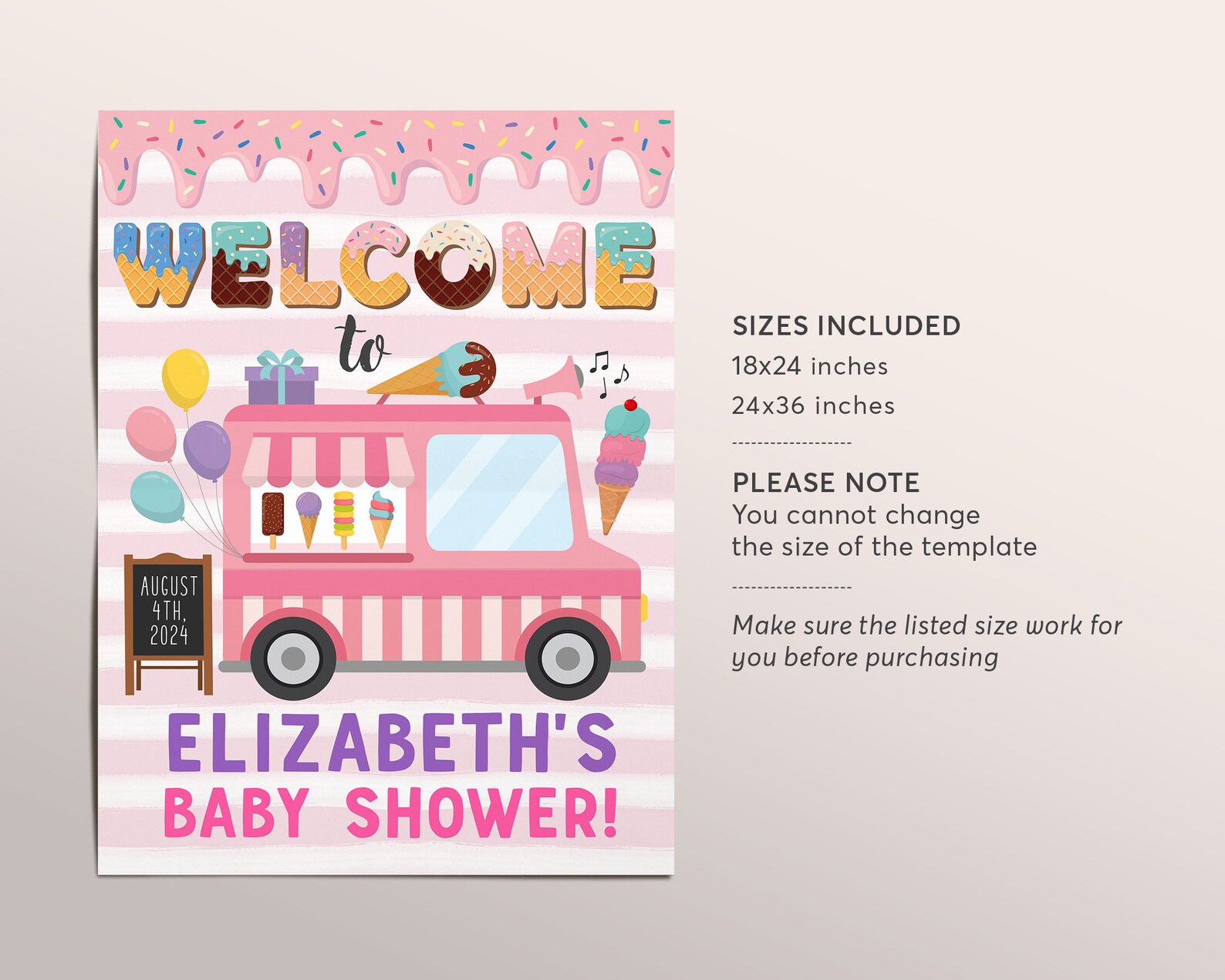 Ice Cream Truck Baby Shower Welcome Sign Editable Template, Girl Baby ...