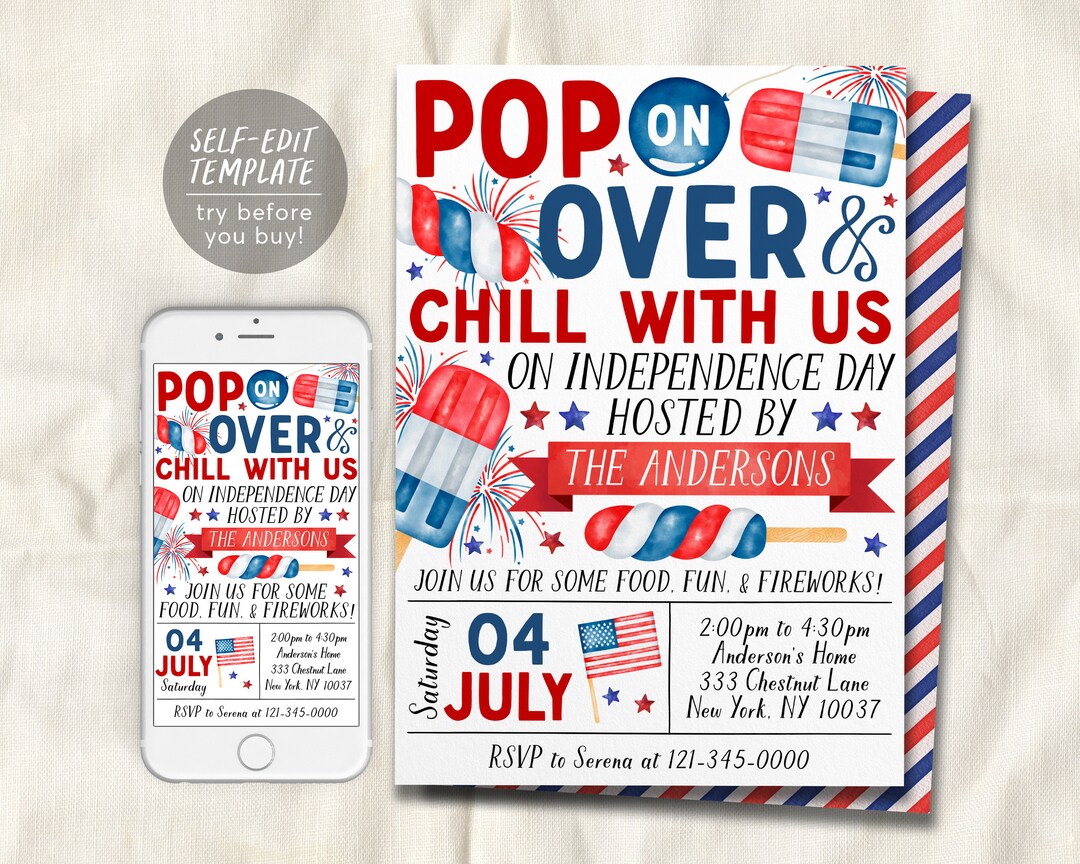 4th of July Invitation Editable Template, Popsicle Patriotic Fourth of ...