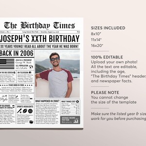 Back in 2006 Birthday Newspaper Editable Template, 17 18 19 Years Ago ...