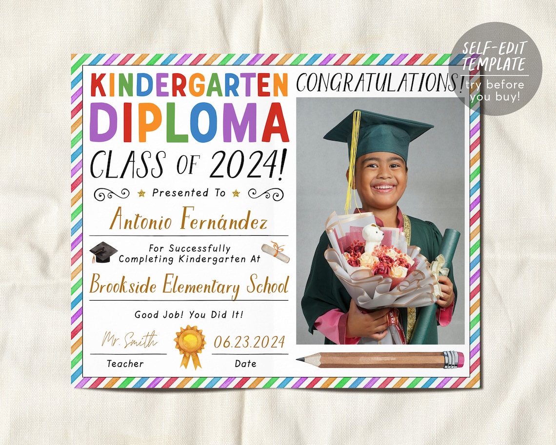 Kindergarten Graduation Diploma With Photo Editable Template ...