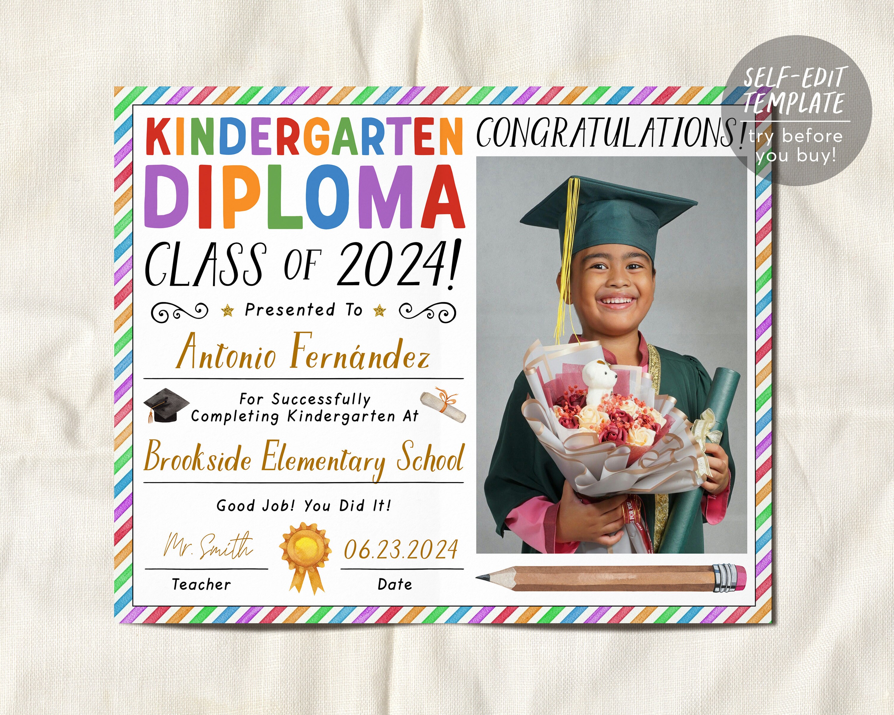 Kindergarten Graduation Diploma With Photo Editable Template ...