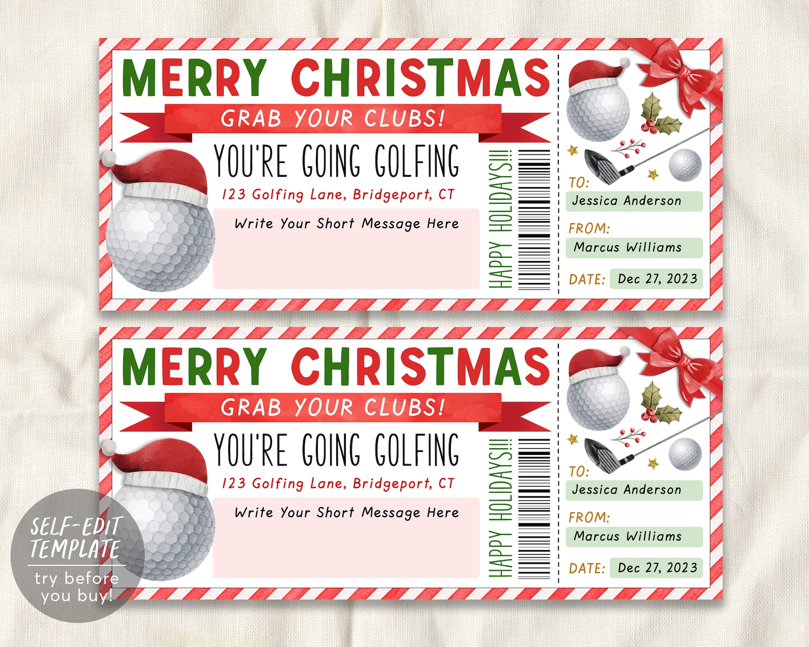Golf Trip Christmas Gift Ticket Editable Template, Surprise Holiday ...