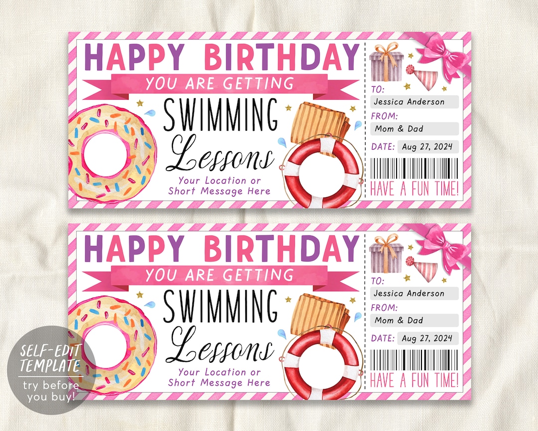 Swim Lessons Gift Certificate Ticket Editable Template, Birthday ...