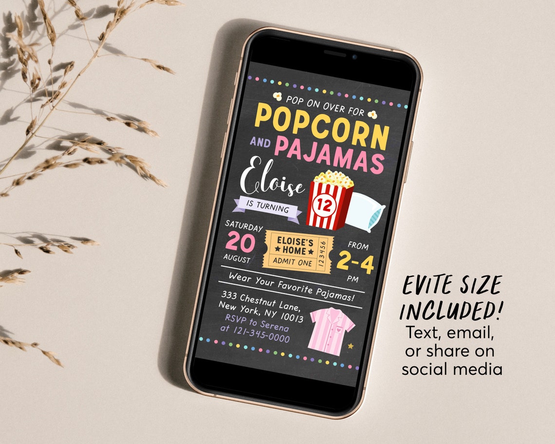 Popcorn and Pajamas Party Birthday Invitation Template - Etsy