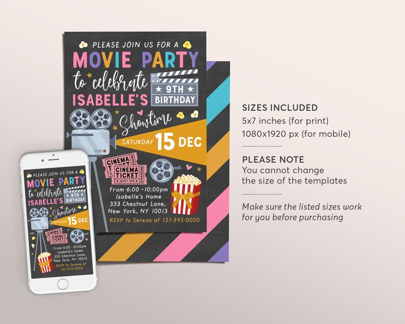 Movie Night GIRL Birthday Invitation Editable Template, Cinema ...
