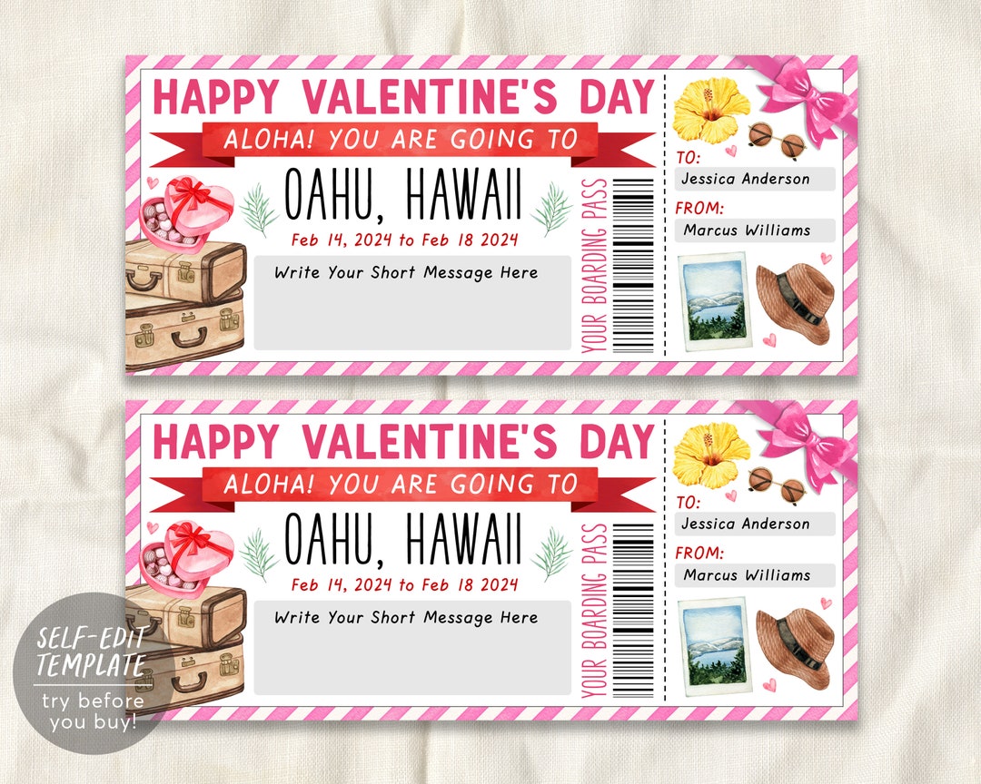 Hawaii Plane Ticket Boarding Pass Editable Template, Valentines Day ...