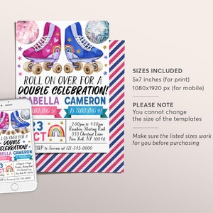 Roller Skating Joint Siblings Double Birthday Invitation Editable Template, Boy Girl Roller ...