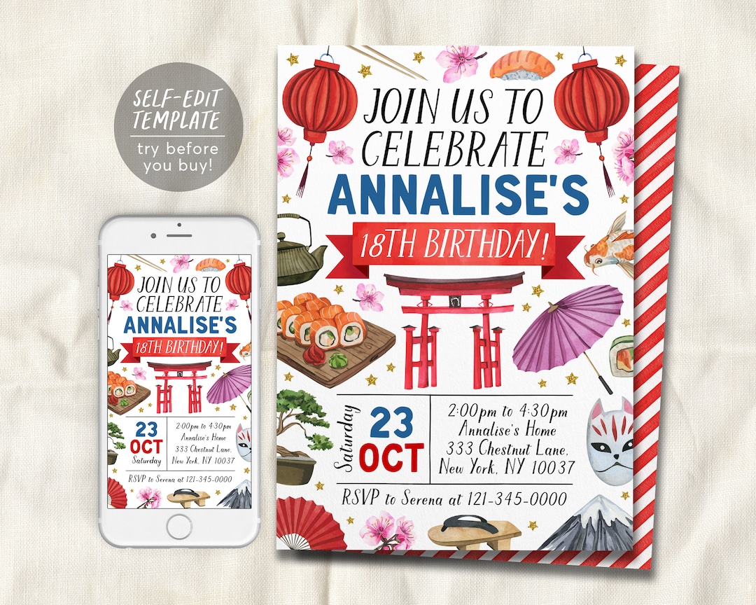 Japanese Themed Birthday Invitation Editable Template, Japanese Sushi ...