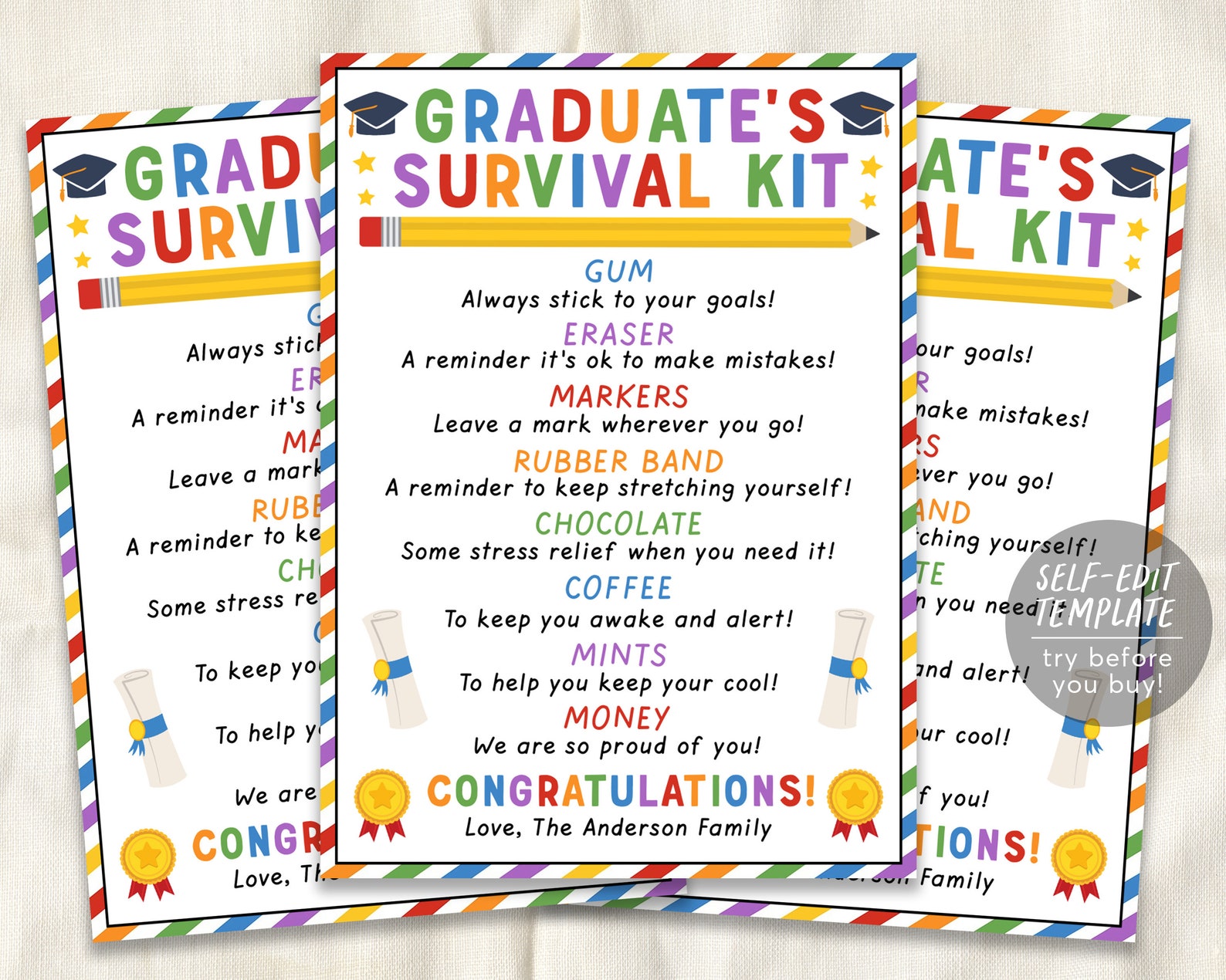 New Graduate Survival Kit Editable Template, Graduation Gift Idea ...