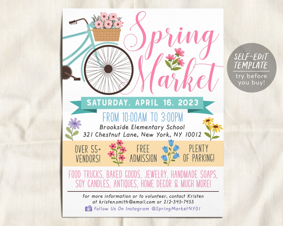 Spring Market Flyer Editable Template, Easter Spring Festival Vendor ...