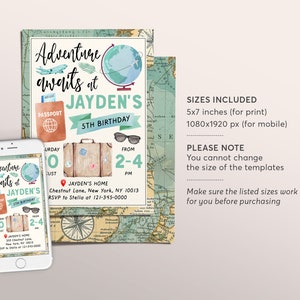 Adventure Awaits Travel Birthday Party Invitation Editable Template ...