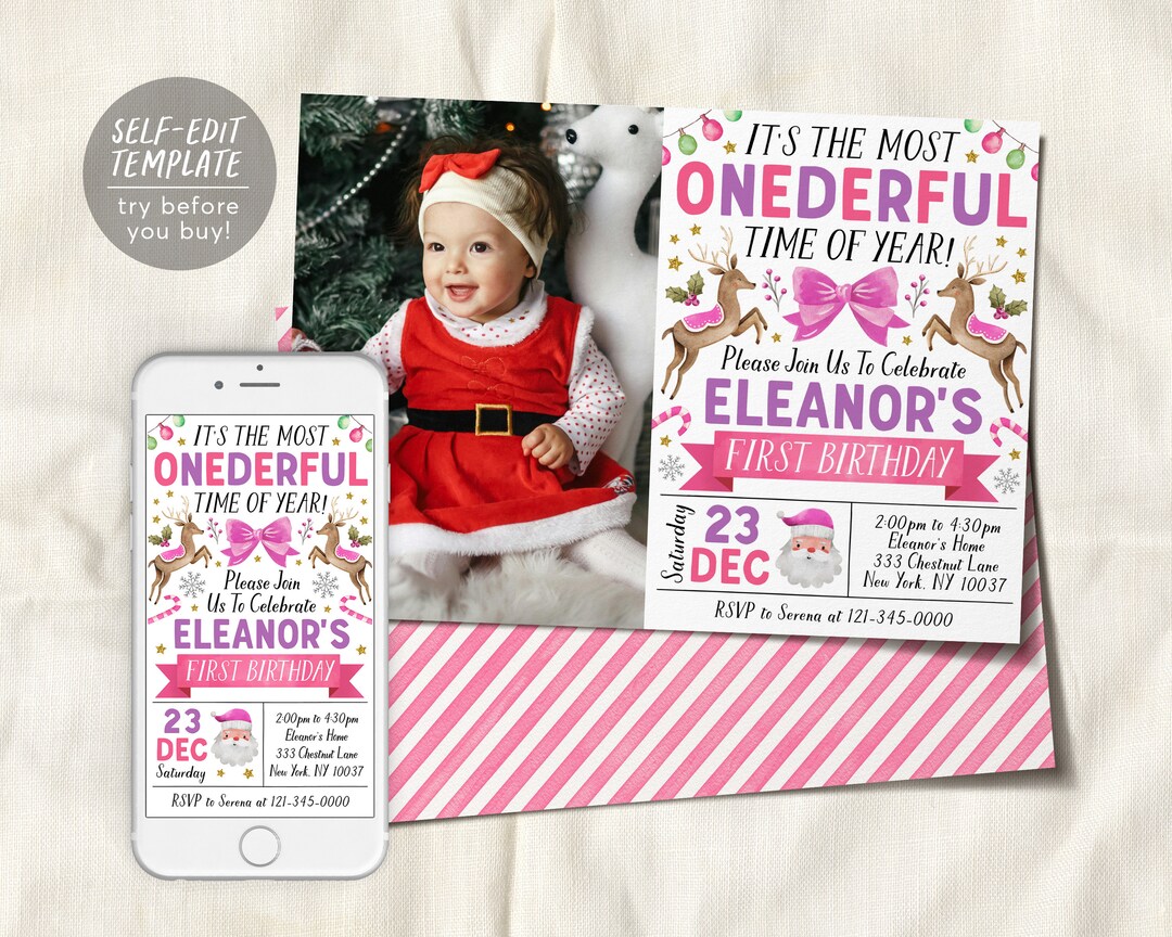 Christmas First Birthday Invitation With Photo Editable Template ...