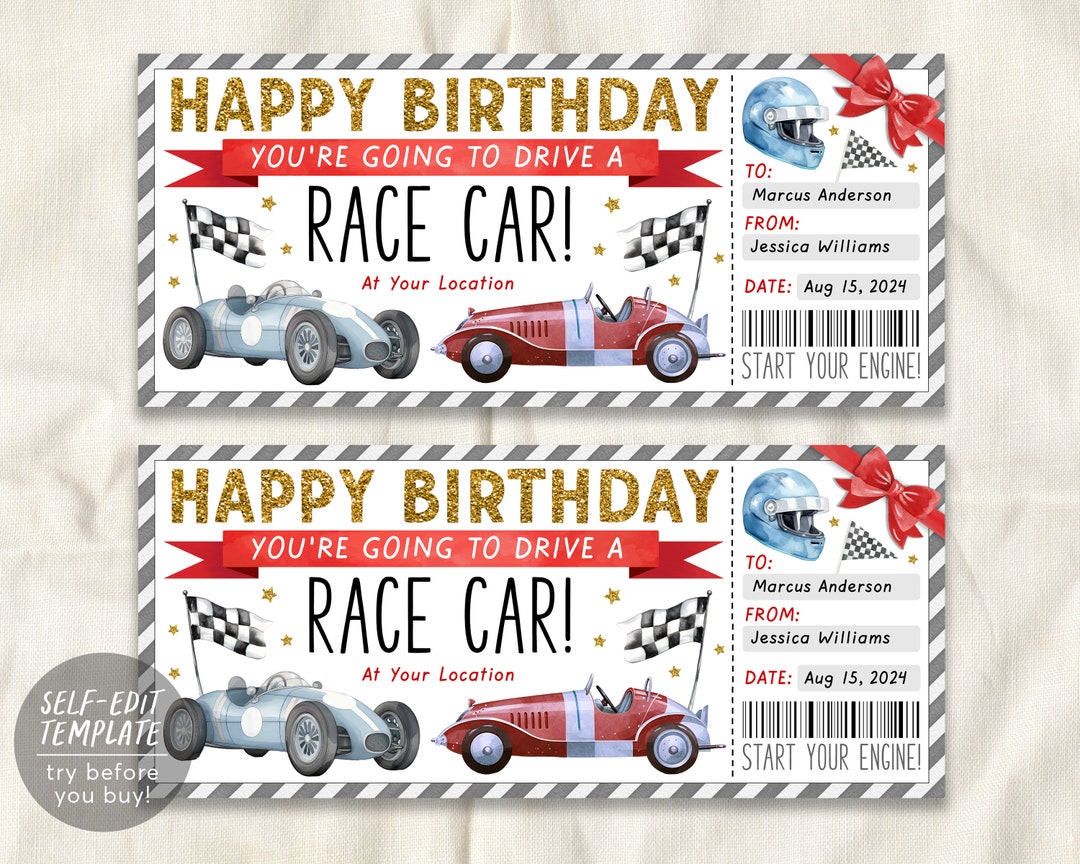 Race Car Ticket Gift Certificate Editable Template, Birthday Surprise ...