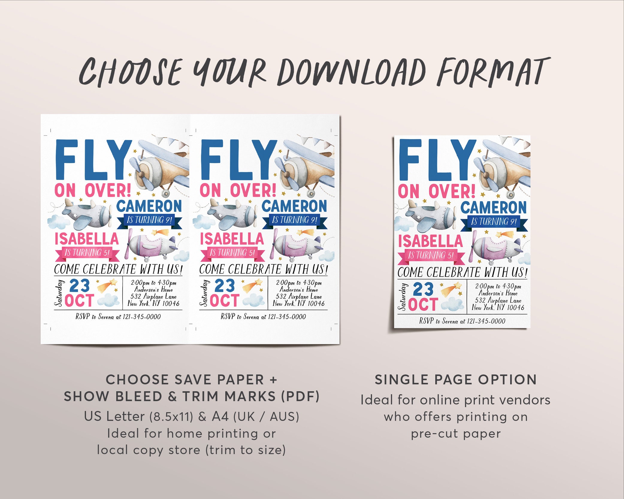 Airplane Joint Siblings Birthday Invitation Editable Template, Twins ...