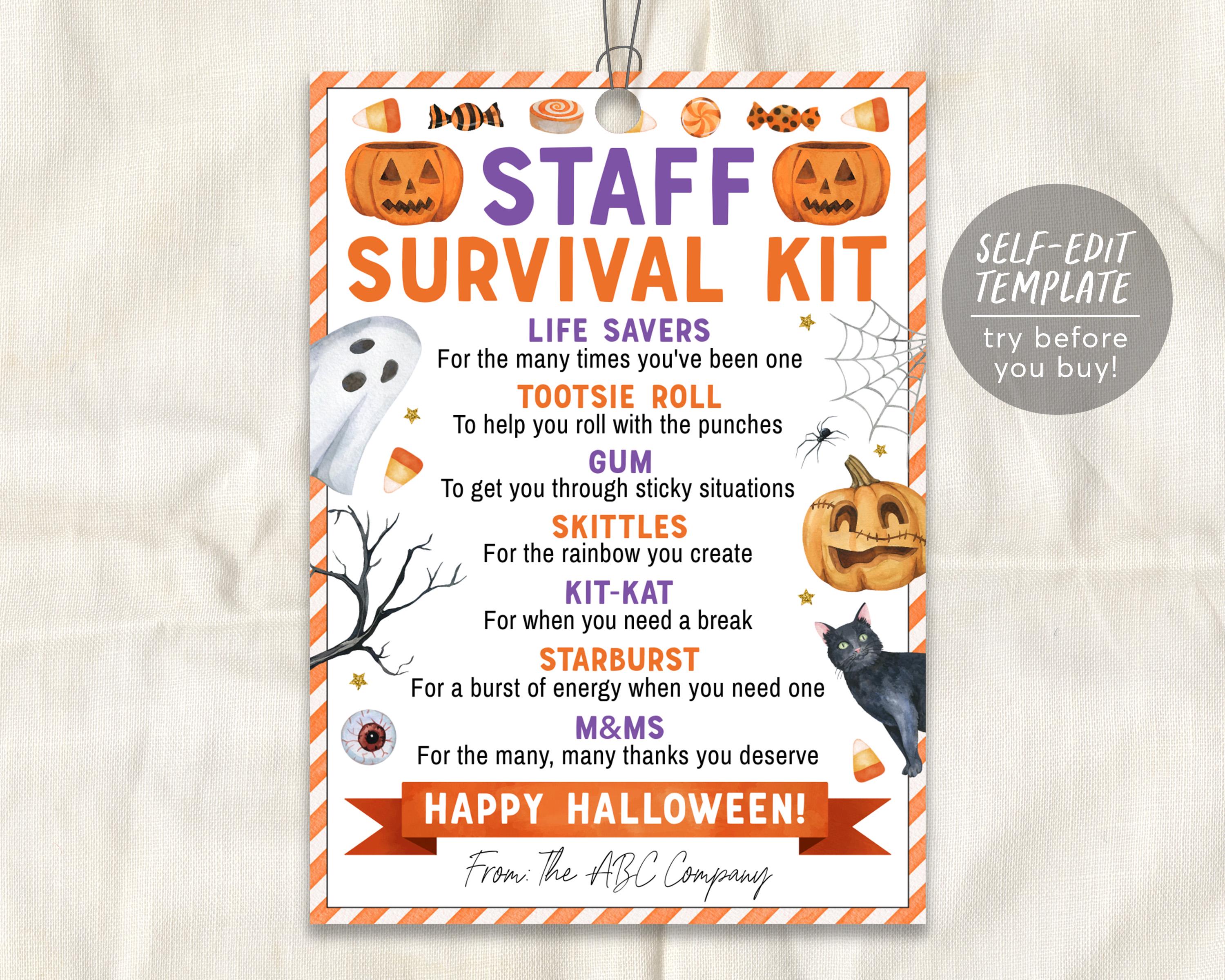 Halloween Staff Survival Kit Tag Editable Template, Fall Treat Card ...