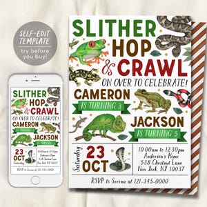 Reptile Joint Siblings Birthday Invitation Editable Template, Brothers ...