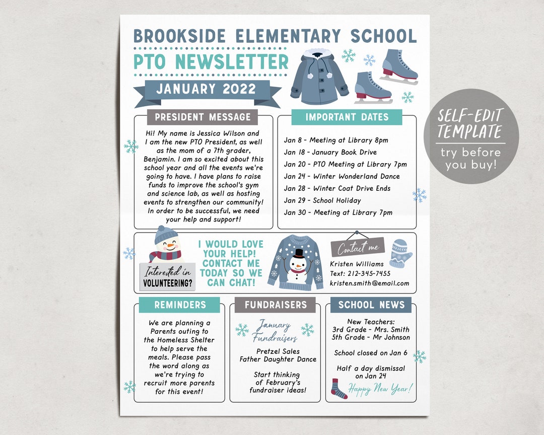 January PTO PTA Newsletter Flyer Editable Template, School Winter Flyer ...