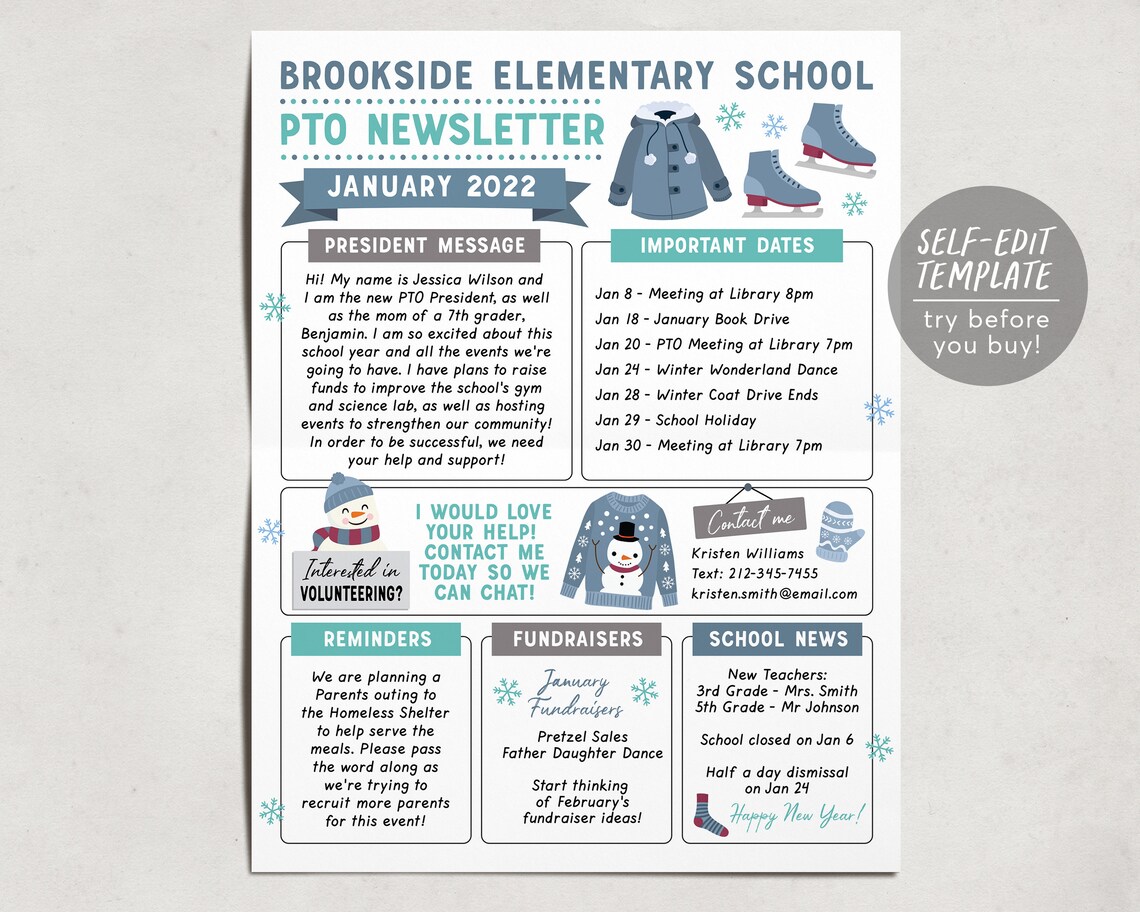 January PTO PTA Newsletter Flyer Editable Template School - Etsy