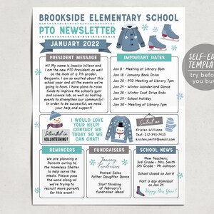 January PTO PTA Newsletter Flyer Editable Template, School Winter Flyer ...