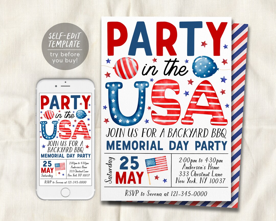 Memorial Day Invitation Editable Template, Party in the USA Patriotic ...